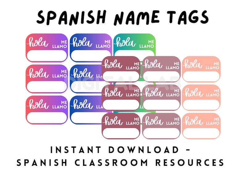 Spanish Name Tags Printable File, Flashcards Digital Vocab Cards ...