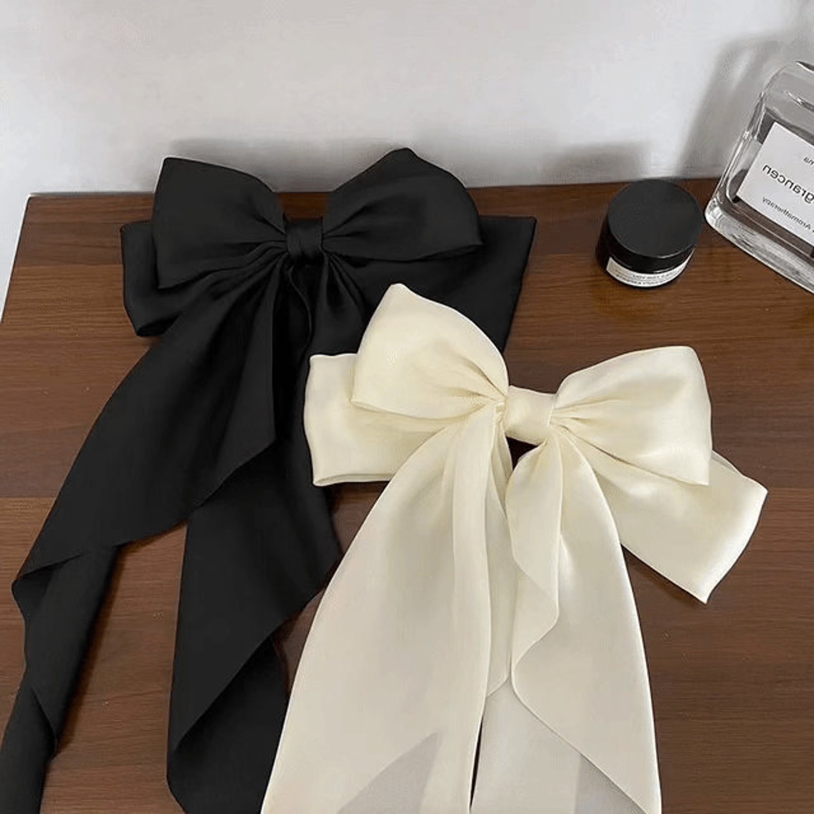 White-beige Silk Satin Hair Bow, Classic Hair Bow, Coquette, Balletcore ...