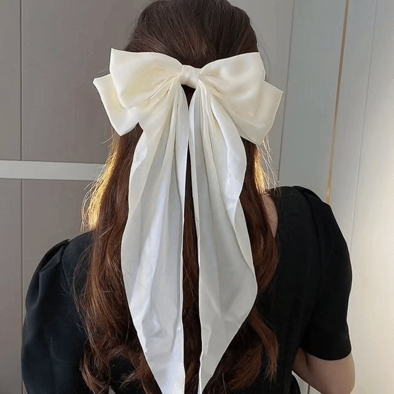 White-beige Silk Satin Hair Bow, Classic Hair Bow, Coquette, Balletcore ...