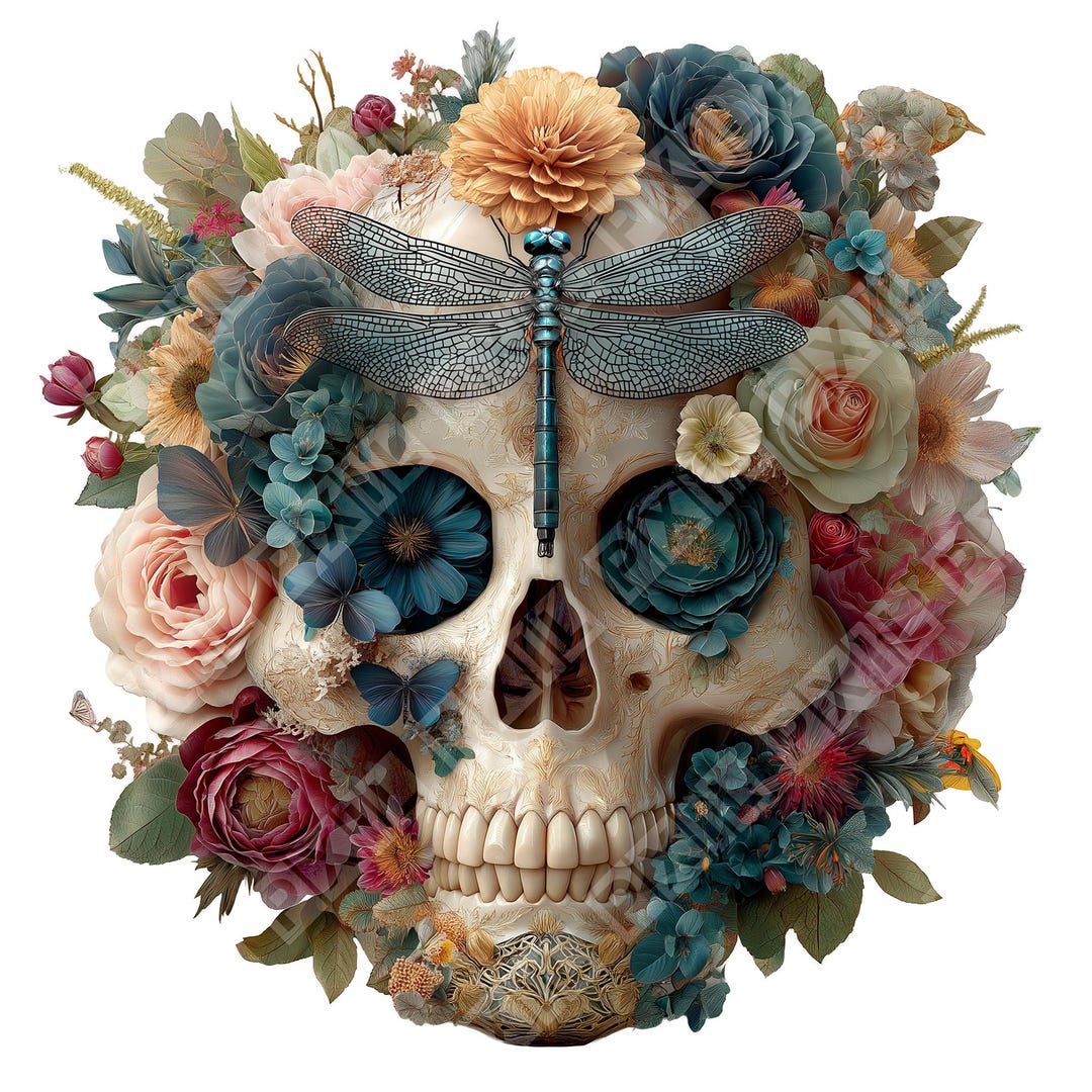 Dragonfly Floral Skull Sublimation Clipart 12 | 300 DPI JPEG ...