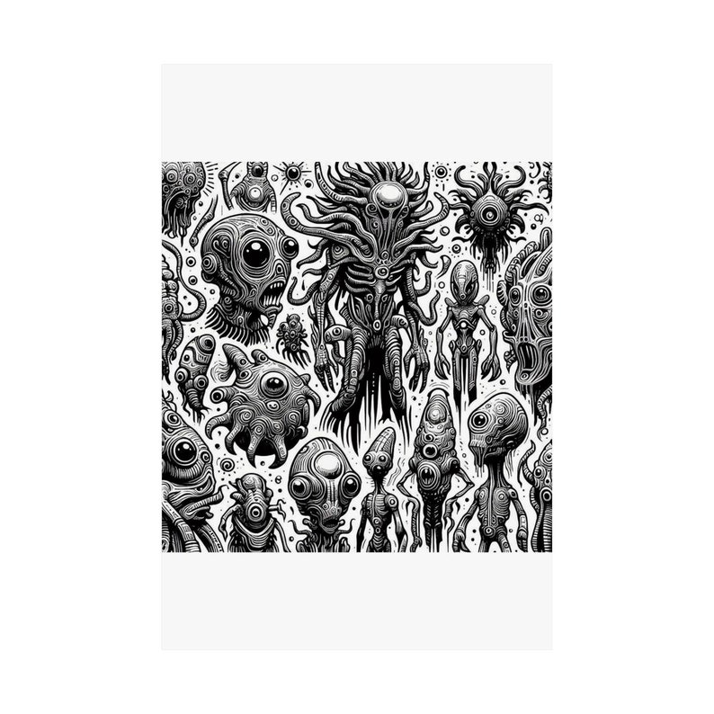 Alien Poster. Stark B&W, Alien Creatures With Elongated Limbs, Large ...