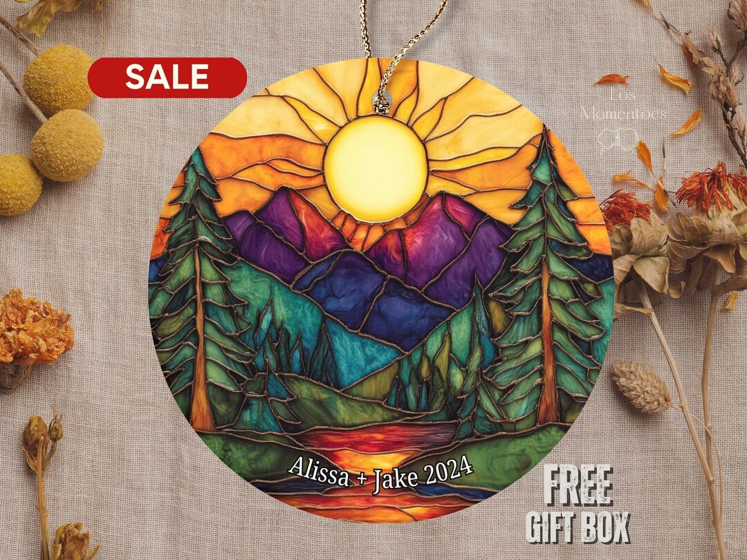 Personalized Hiking Couple Ornament – Wilderness Faux Stained Glass ...