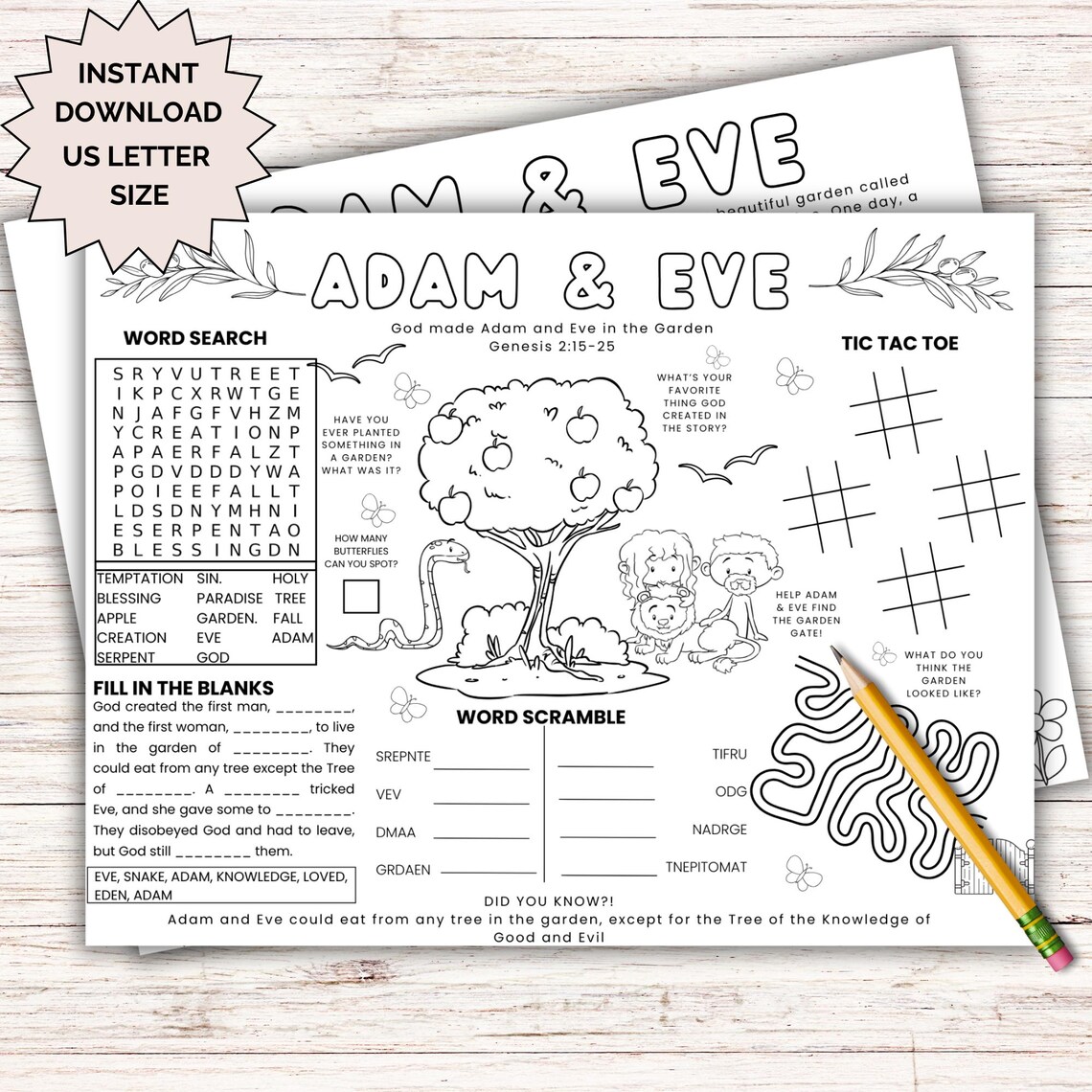 Adam and Eve Placemat Activity, Garden of Eden Coloring Page, Sunday ...