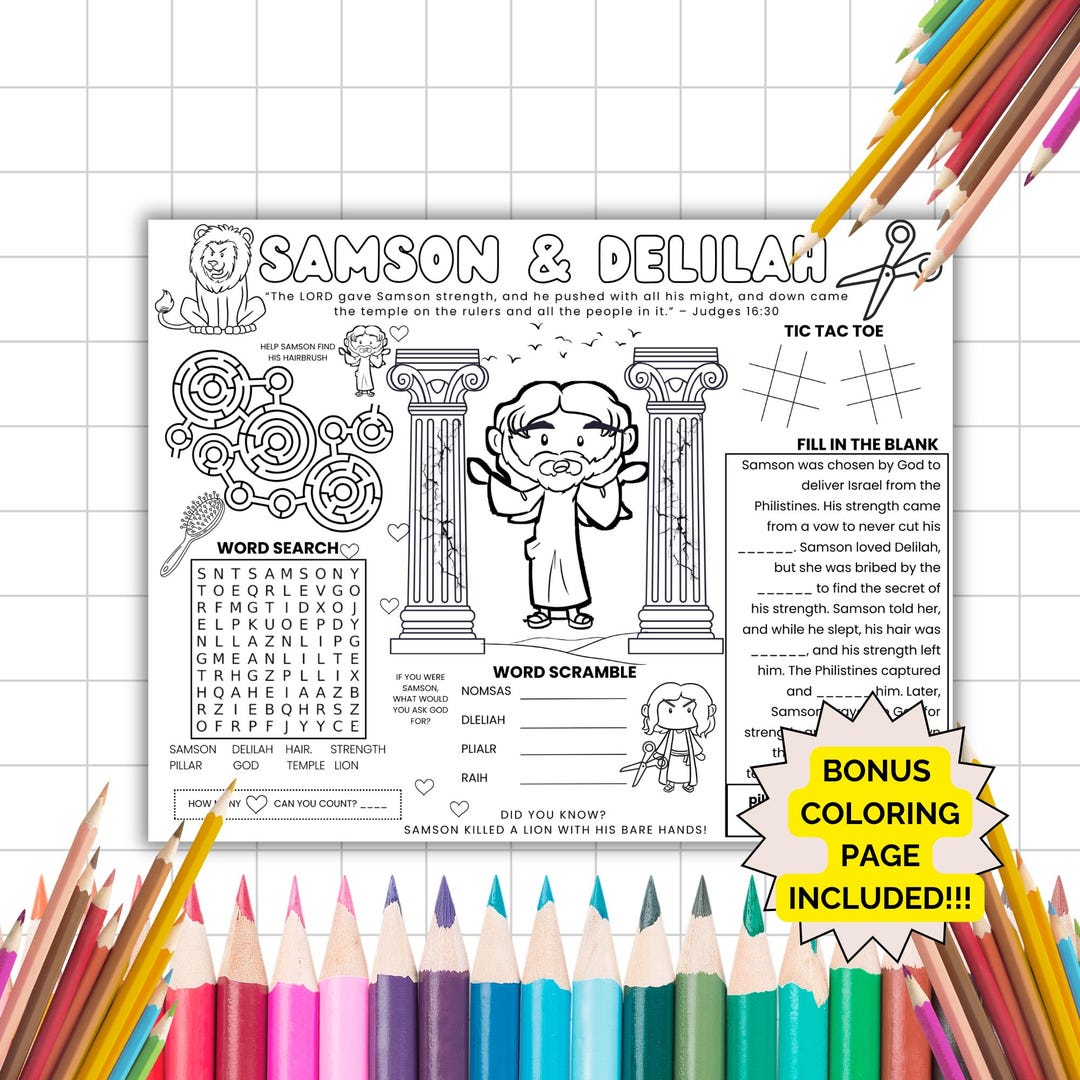 Samson and Delilah Activity Placemat, Bible Activity Placemat, Sunday ...