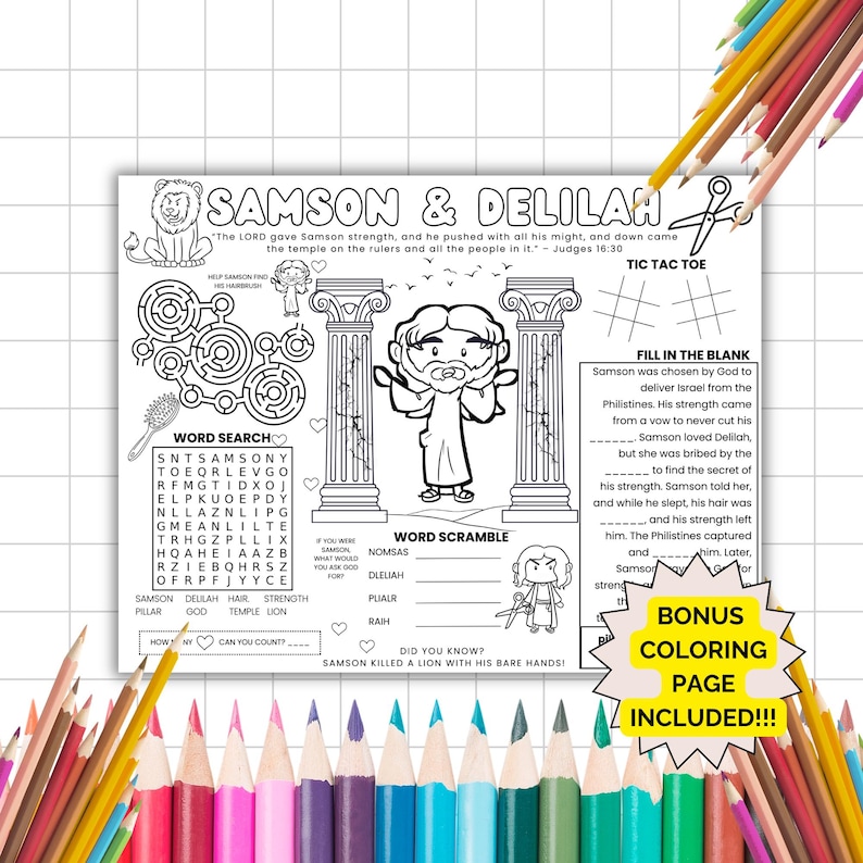 Samson and Delilah Activity Placemat, Bible Activity Placemat, Sunday ...