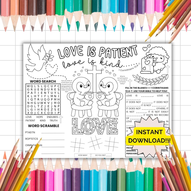 1 Corinthians 13 Activity Placemat, Sunday School Coloring Page, Love ...