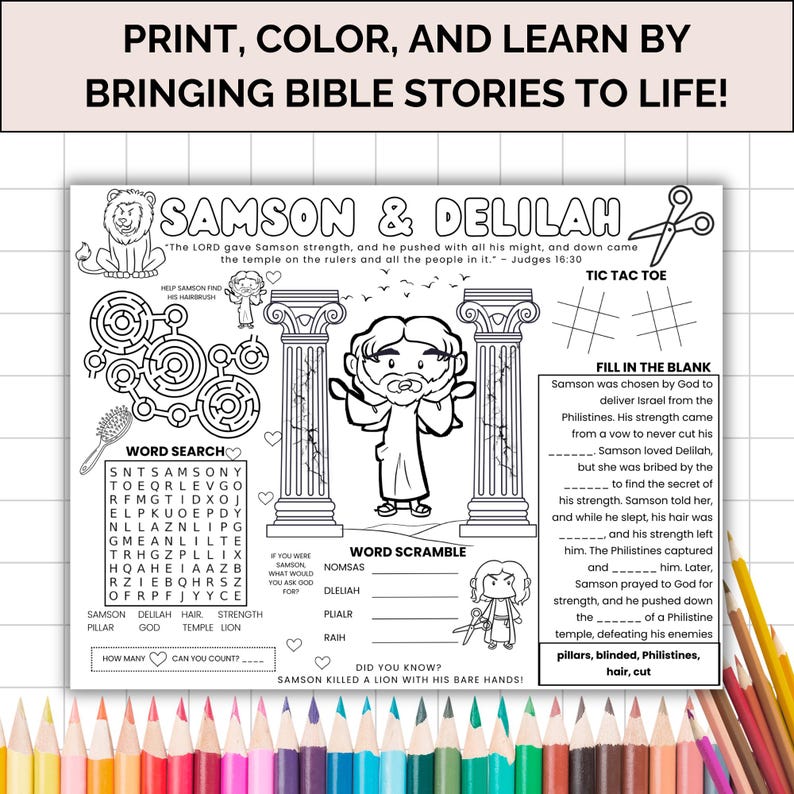 Samson and Delilah Activity Placemat, Bible Activity Placemat, Sunday ...