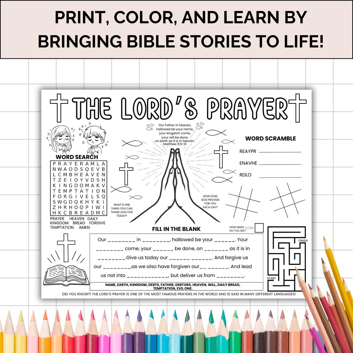 The Lord's Prayer Activity Placemat, Bible Coloring,bible Study Guide ...