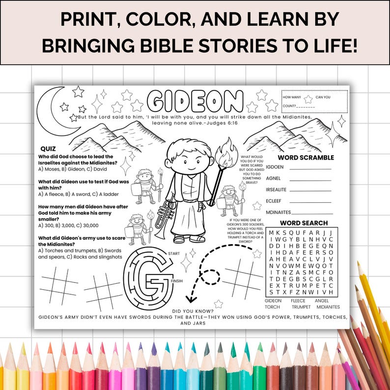 Gideon Activity Placemat, Bible Activity Placemat, Sunday School, Kids ...
