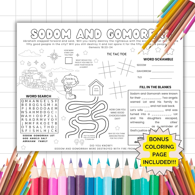 Sodom and Gomorrah Printable Placemat Activity, Old Testament Sunday ...