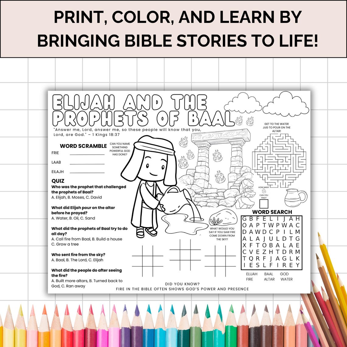 Elijah and the Prophets of Baal Activity Placemat, Coloring Page ...