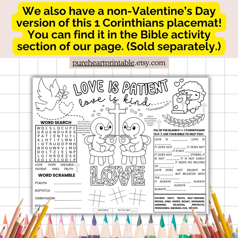 1 Corinthians 13 Placemat Valentines Day Activity, Sunday School ...