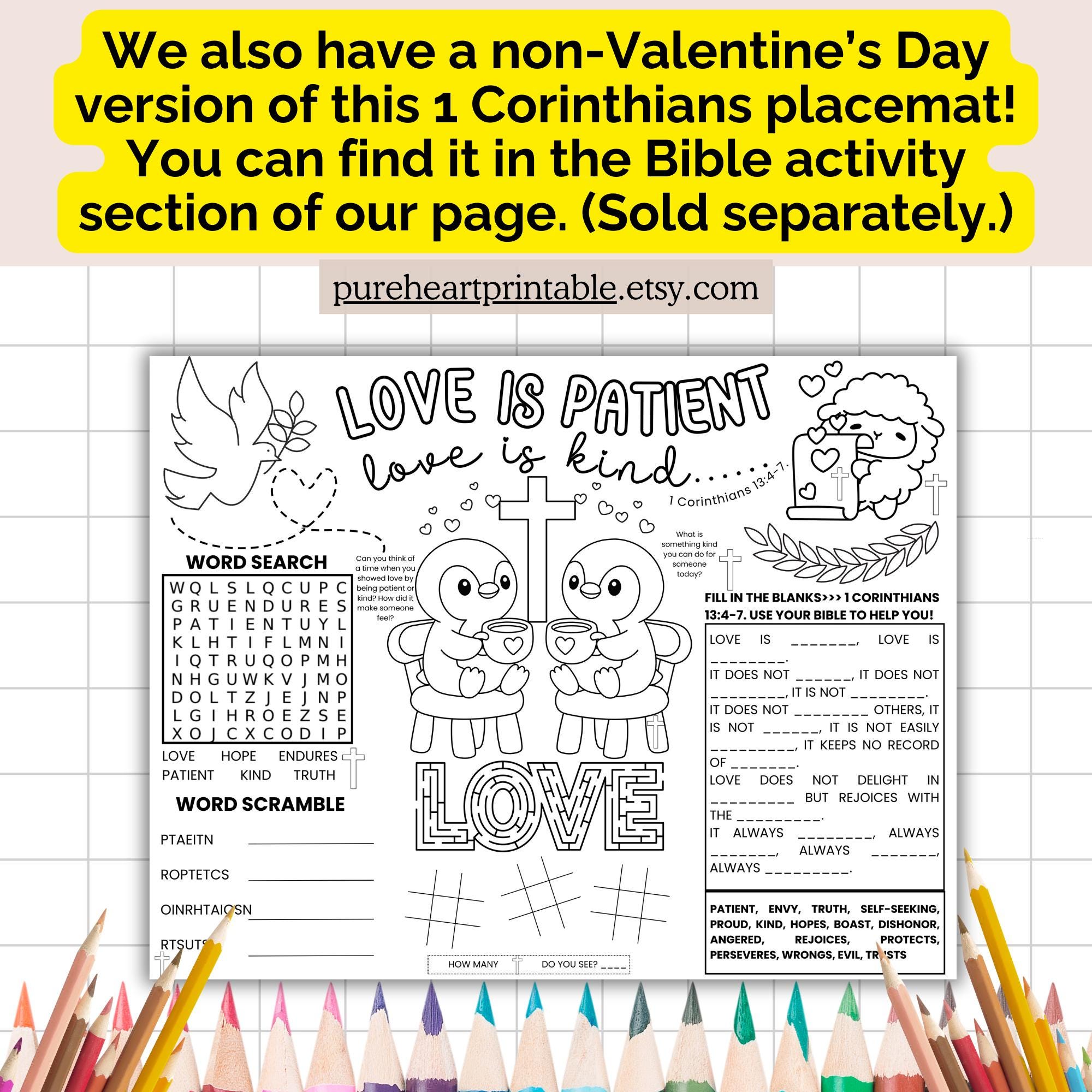 1 Corinthians 13 Placemat Valentines Day Activity, Sunday School ...