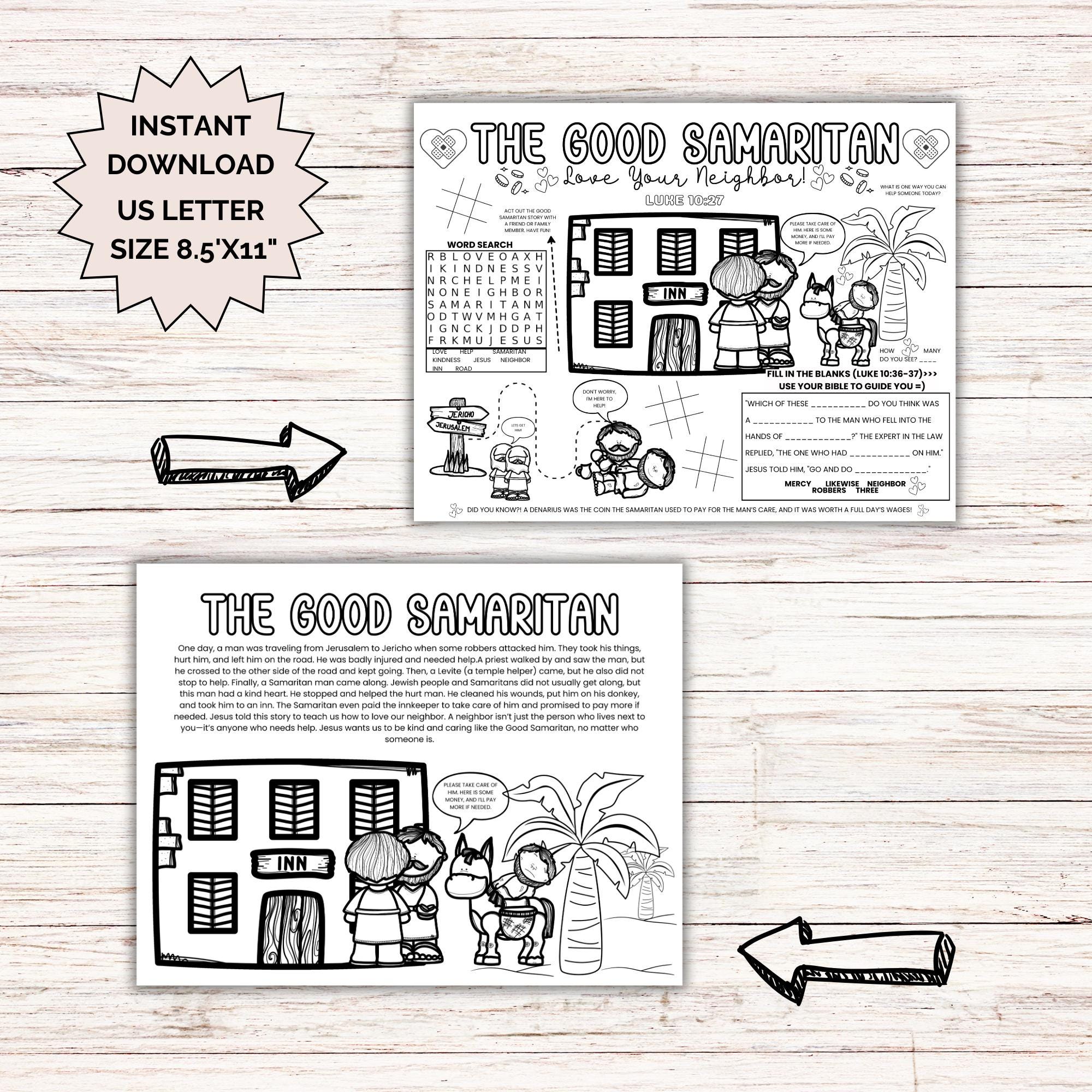 The Good Samaritan Activity Placemat, the Parables of Jesus Coloring ...