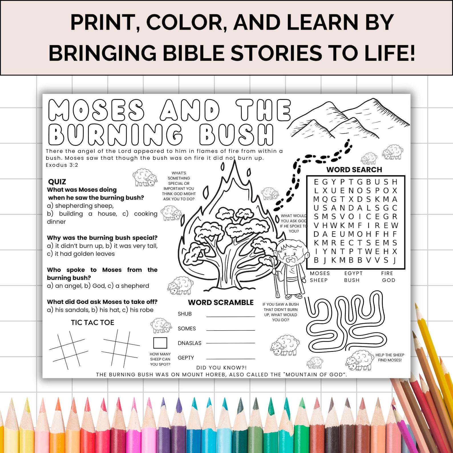 Moses and the Burning Bush Printable Placemat Activity, Old Testament ...