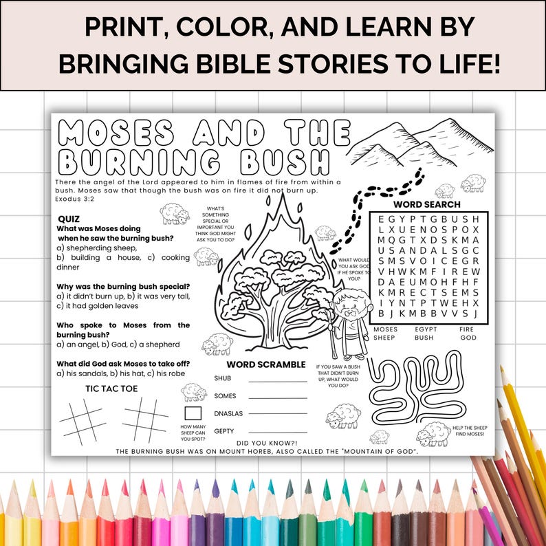 Moses and the Burning Bush Printable Placemat Activity, Old Testament ...