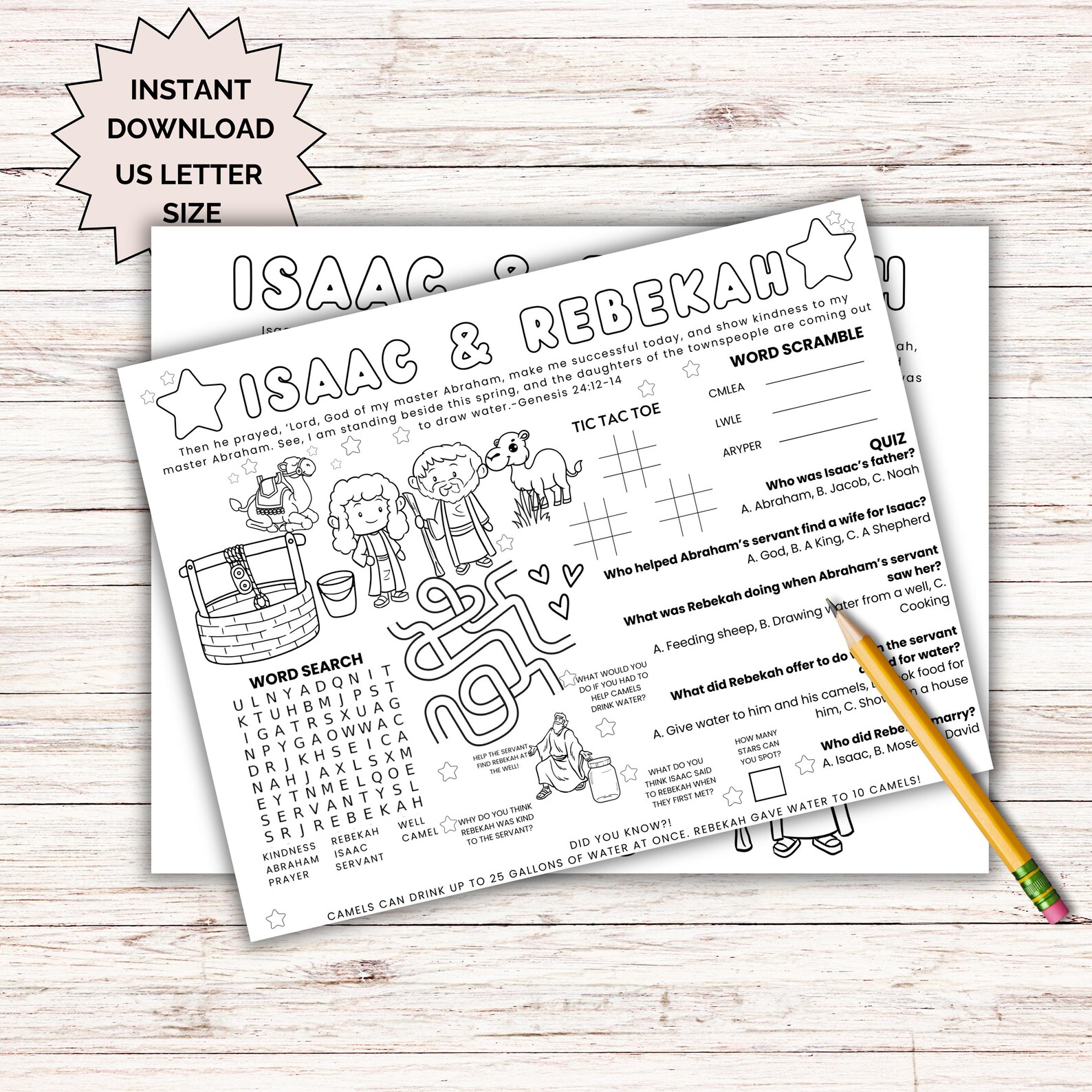 Isaac and Rebekah Printable Placemat, Bible Activity Placemat, Sunday ...