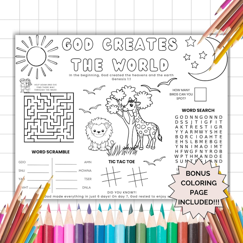 Printable Creation Story Activity Placemat, Bible Story Coloring ...