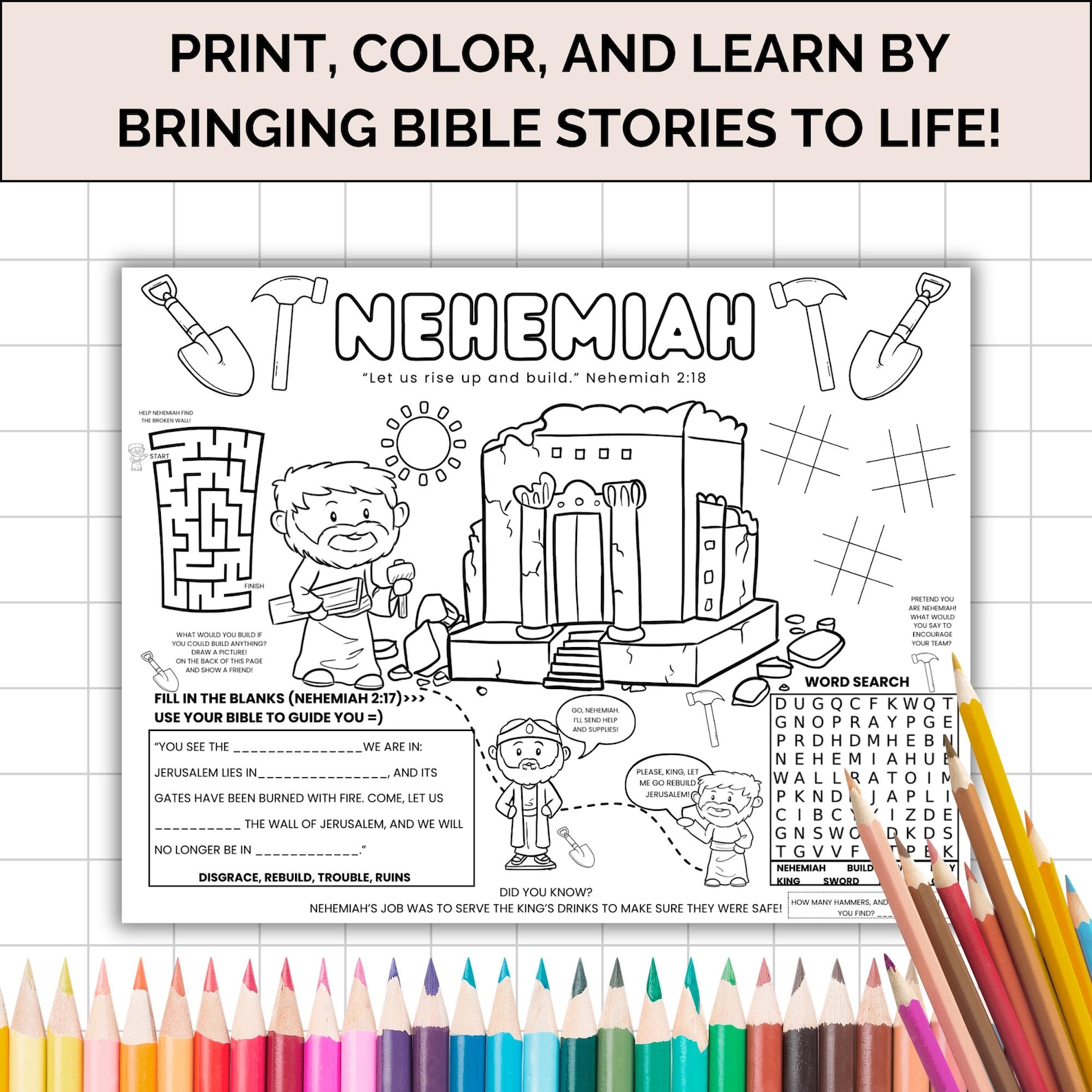 Nehemiah Activity Placemat, Bible Story Coloring Activity, Sunday ...