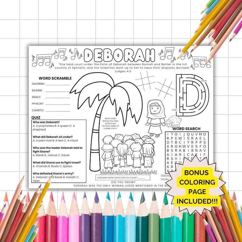 Deborah Activity Placemat, Bible Activity Placemat, Sunday School, Kids ...