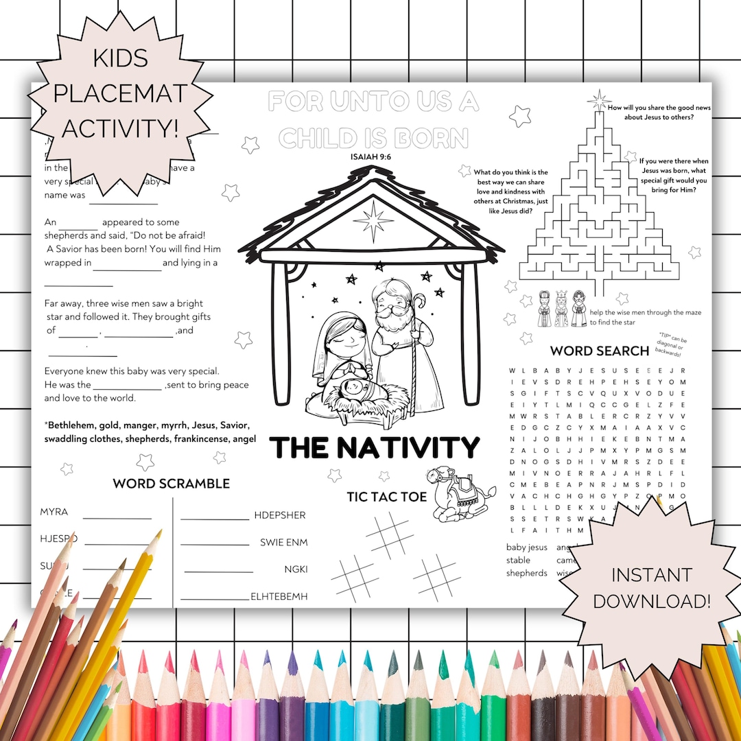 Nativity Activity Placemat Printable, Birth of Jesus Craft, Bible Story ...