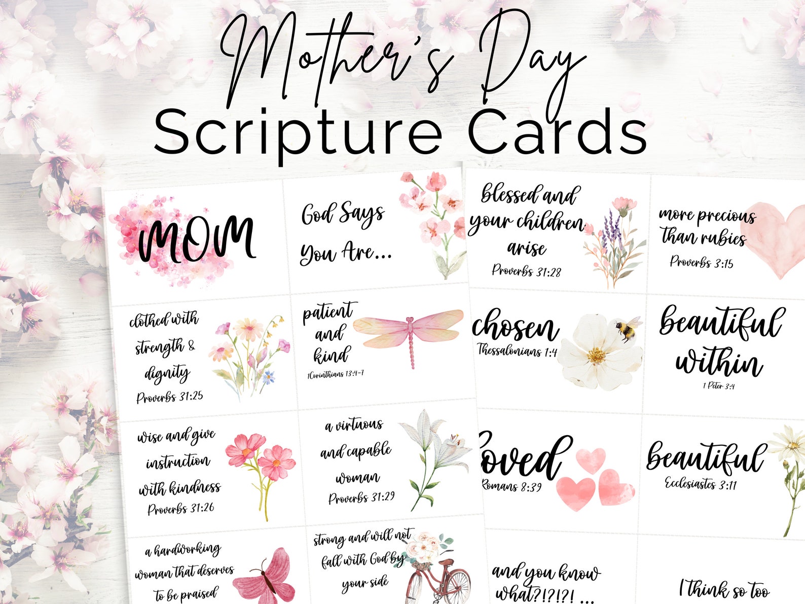 Printable Mother's Day Scripture Cards, Set of 12 Bible Memory Verse ...