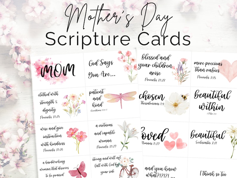 Printable Mother's Day Scripture Cards, Set of 12 Bible Memory Verse ...