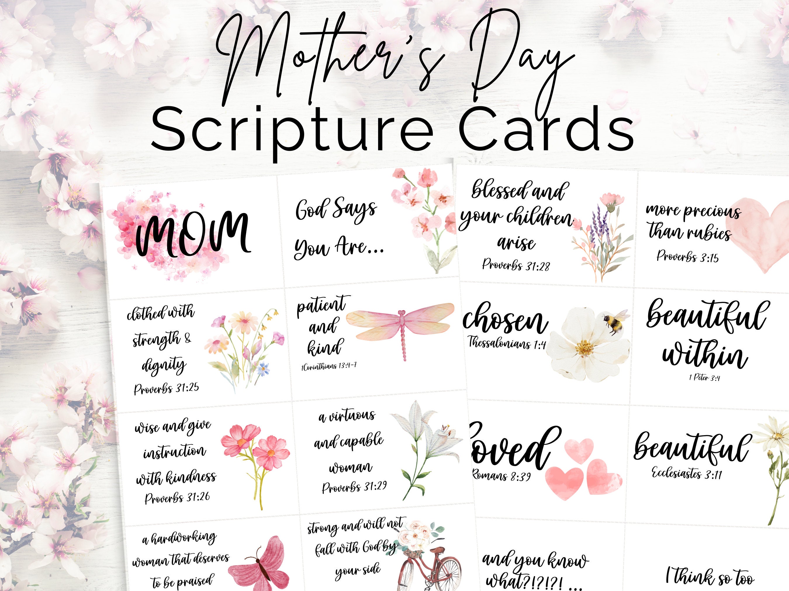 Printable Mother's Day Scripture Cards, Set of 12 Bible Memory Verse ...
