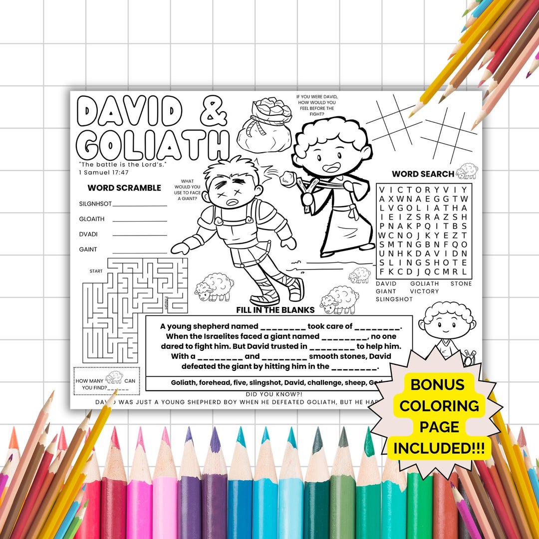 David and Goliath Activity Placemat, Bible Activity Placemat, Sunday ...