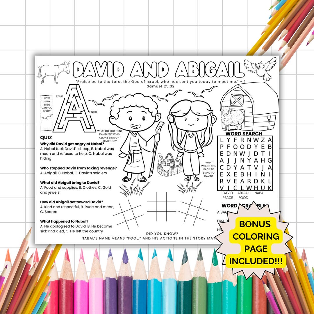 David and Abigail Placemat Activity, Christian Coloring Page, Sunday ...