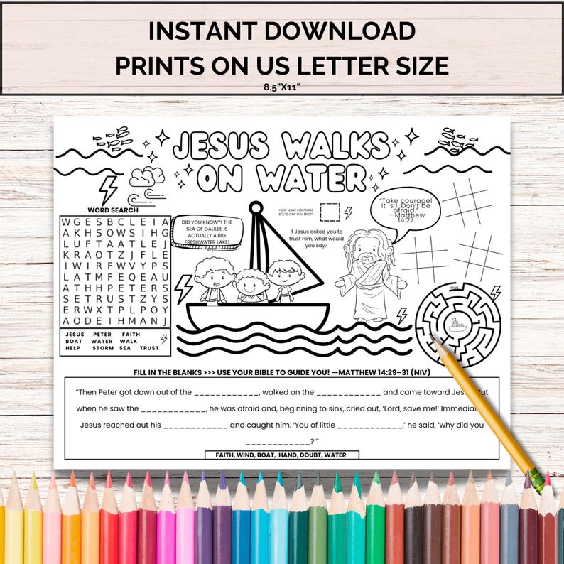 Jesus Walks on Water Activity Placemat, Sunday School Coloring Page ...