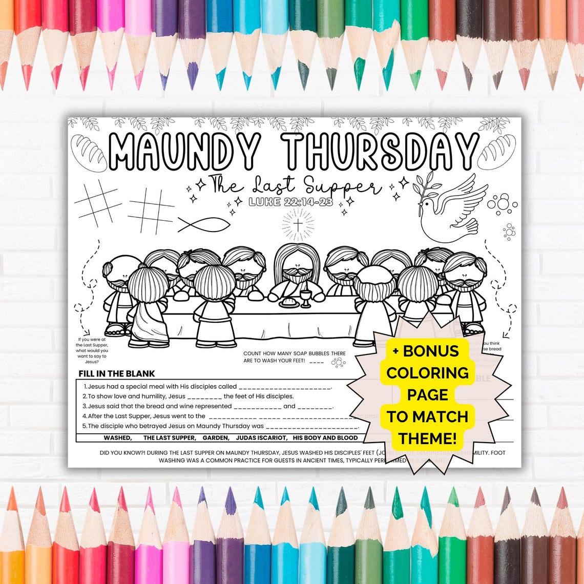Maundy Thursday Placemat Activity, Holy Week Easter Craft, the Last ...