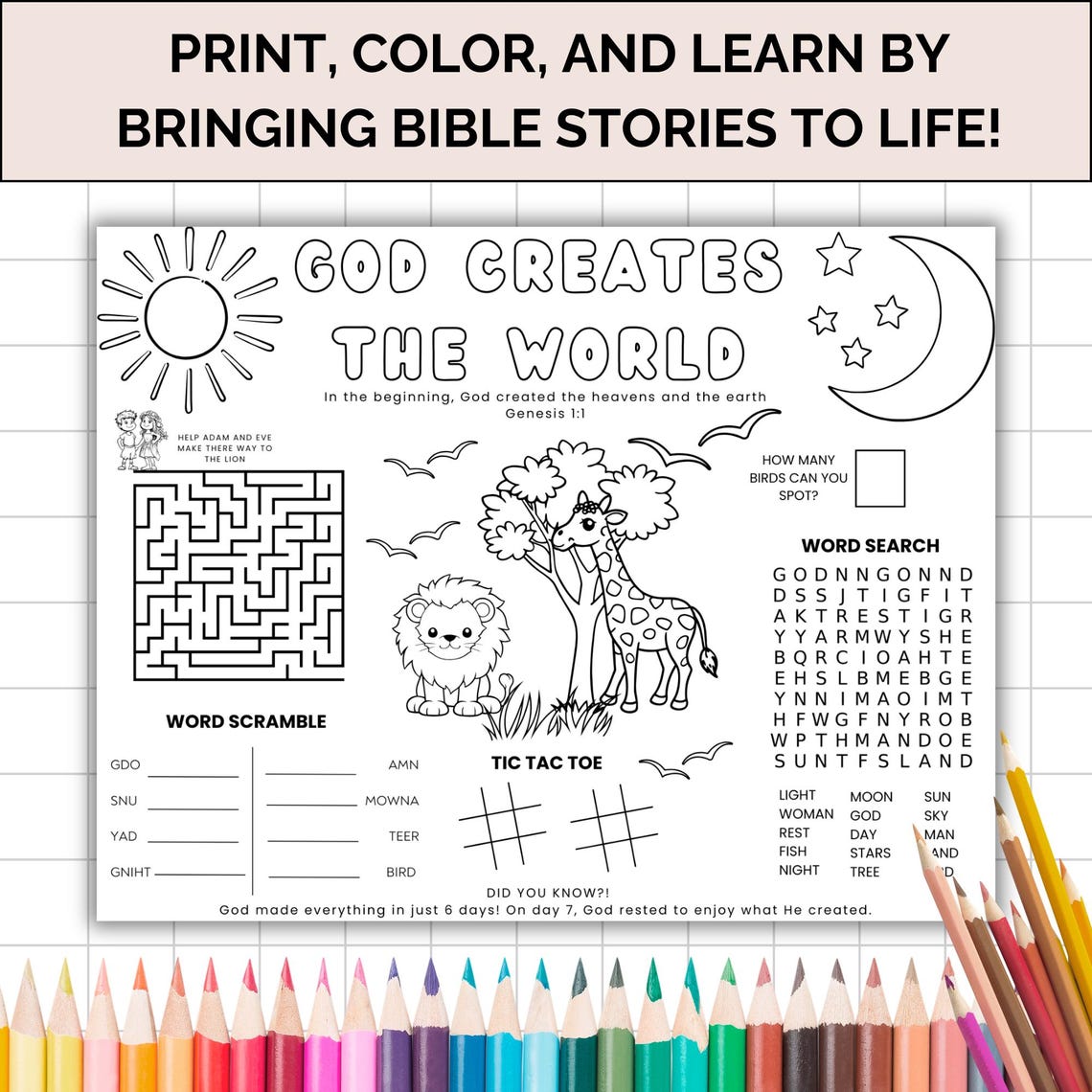 Printable Creation Story Activity Placemat, Bible Story Coloring ...