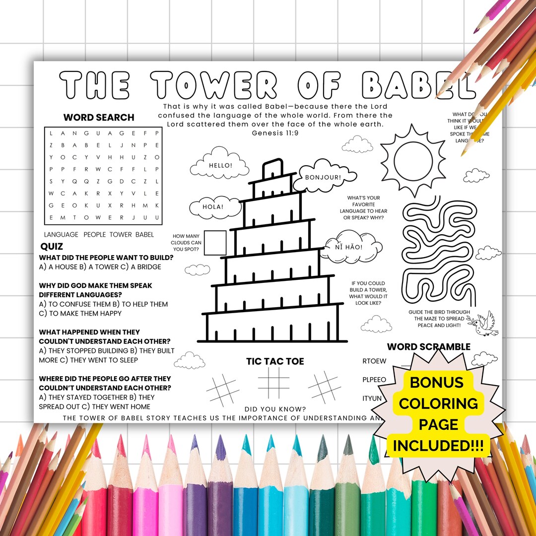 The Tower of Babel Printable Placemat Activity, Old Testament Sunday ...