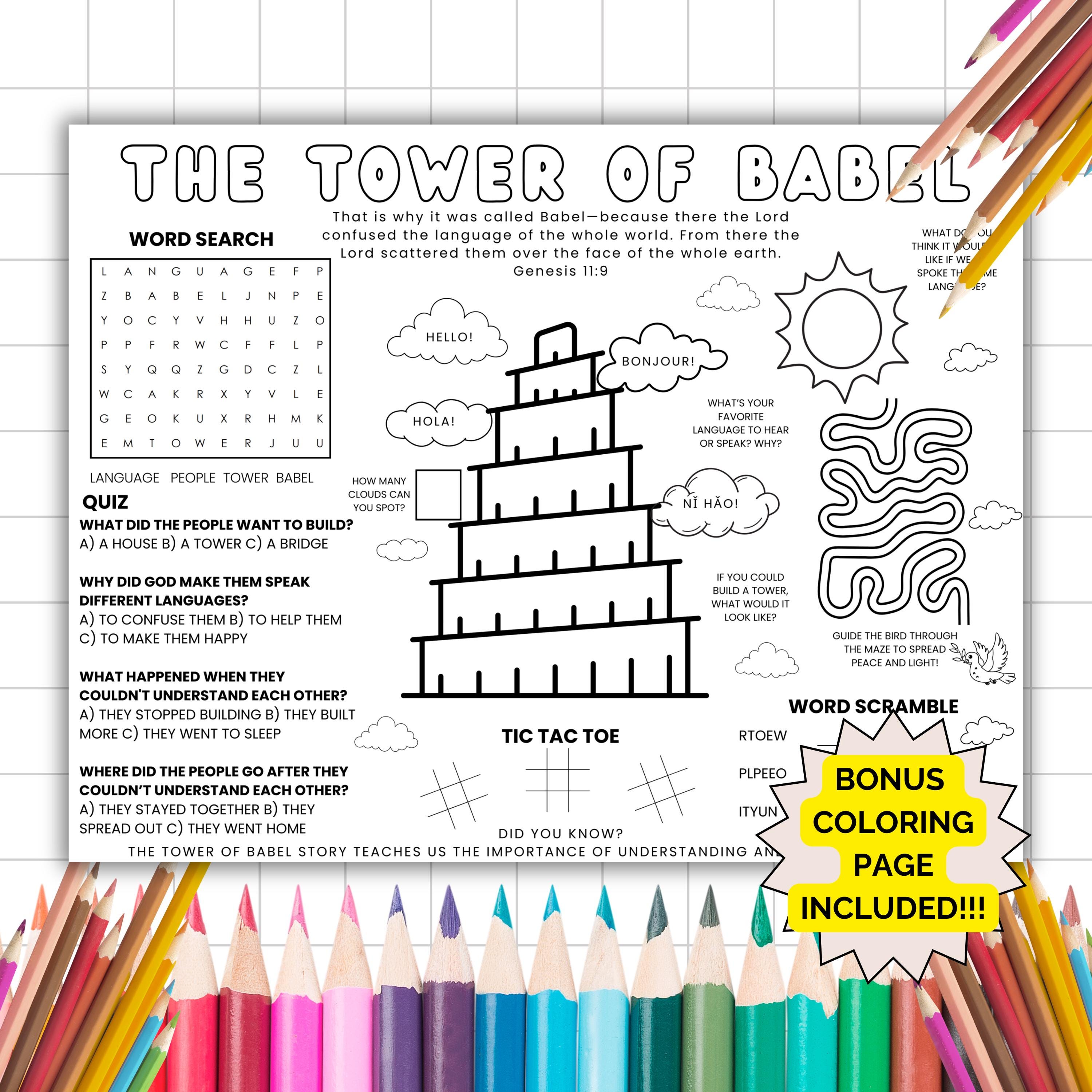 The Tower of Babel Printable Placemat Activity, Old Testament Sunday ...