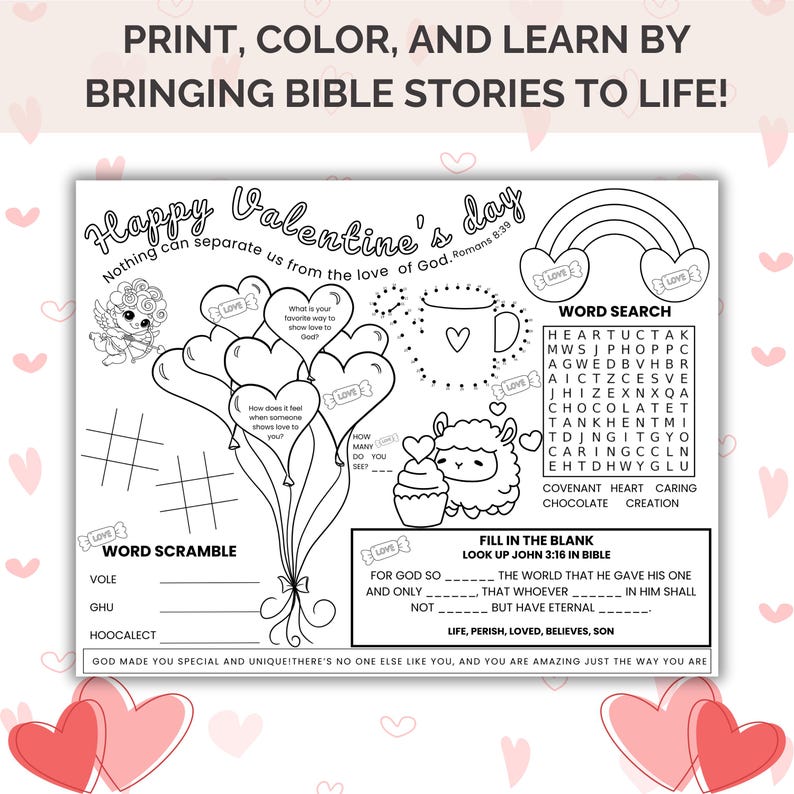 Christian Valentine's Day Placemat Activity, Homeschool Coloring Page ...