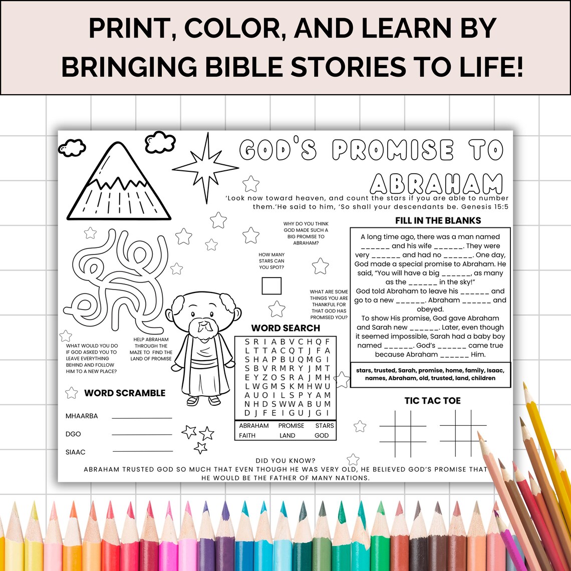 Abraham Printable Placemat Activity, Old Testament Coloring Page, Bible ...