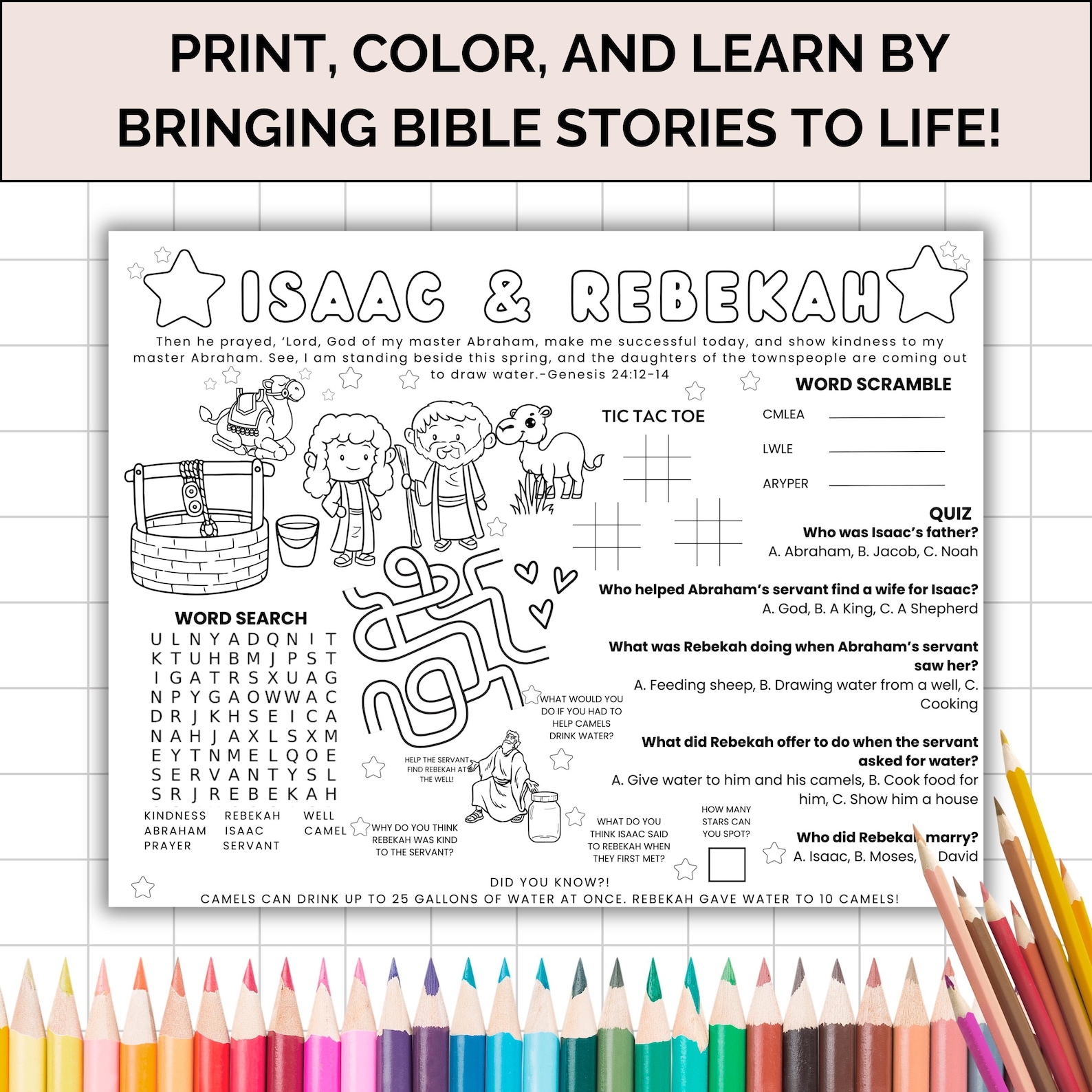 Isaac and Rebekah Printable Placemat, Bible Activity Placemat, Sunday ...