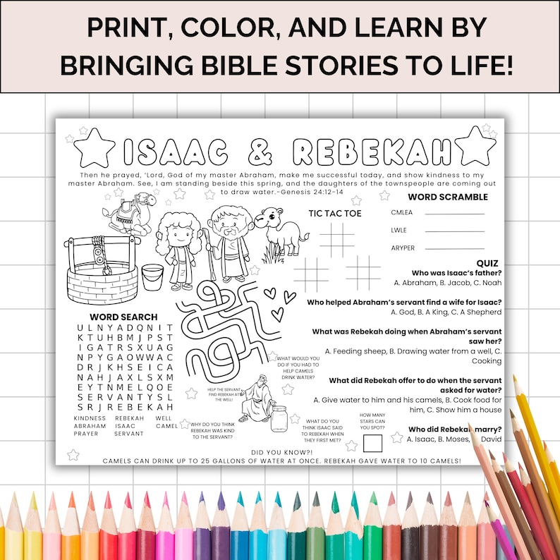 Isaac and Rebekah Printable Placemat, Bible Activity Placemat, Sunday ...