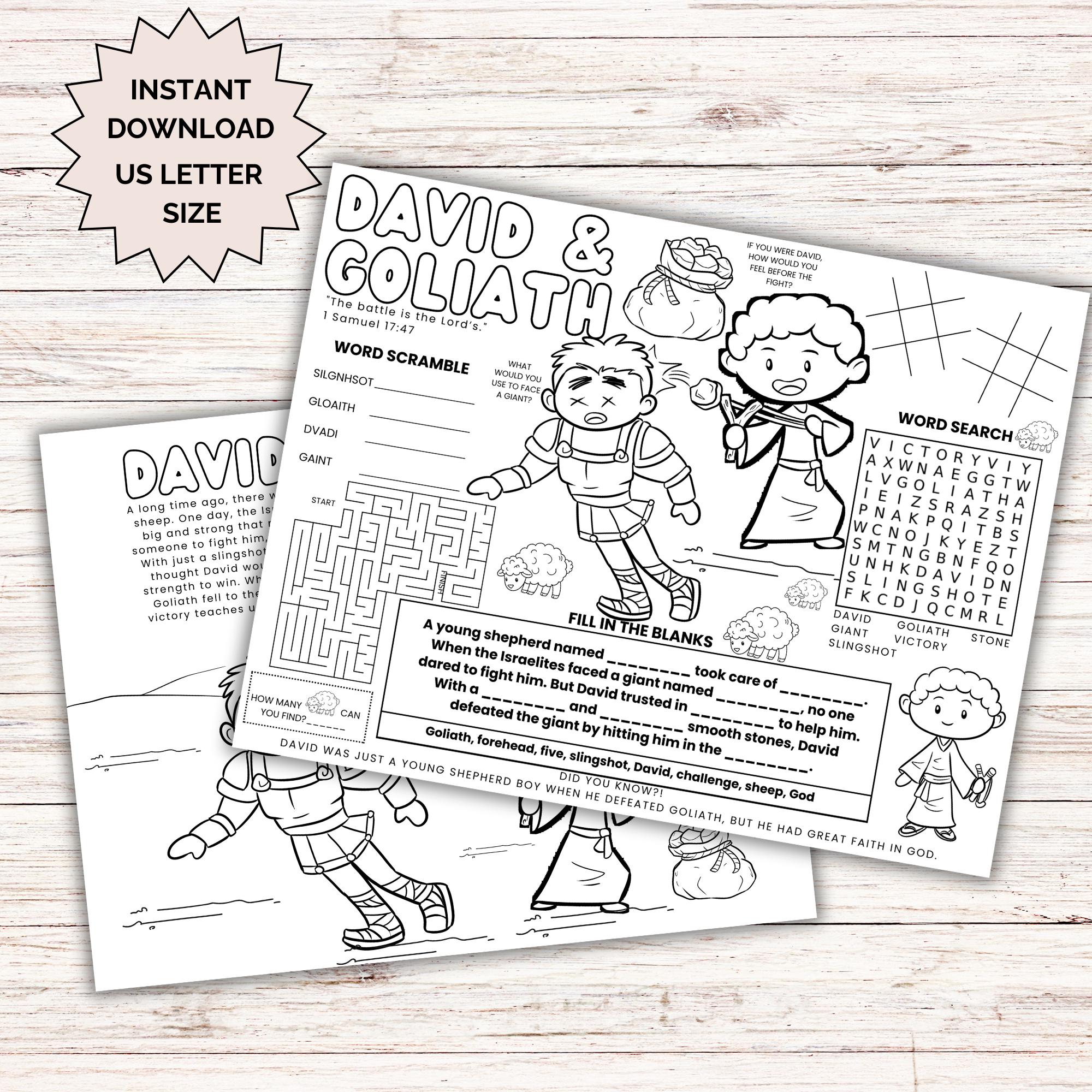 David and Goliath Activity Placemat, Bible Activity Placemat, Sunday ...