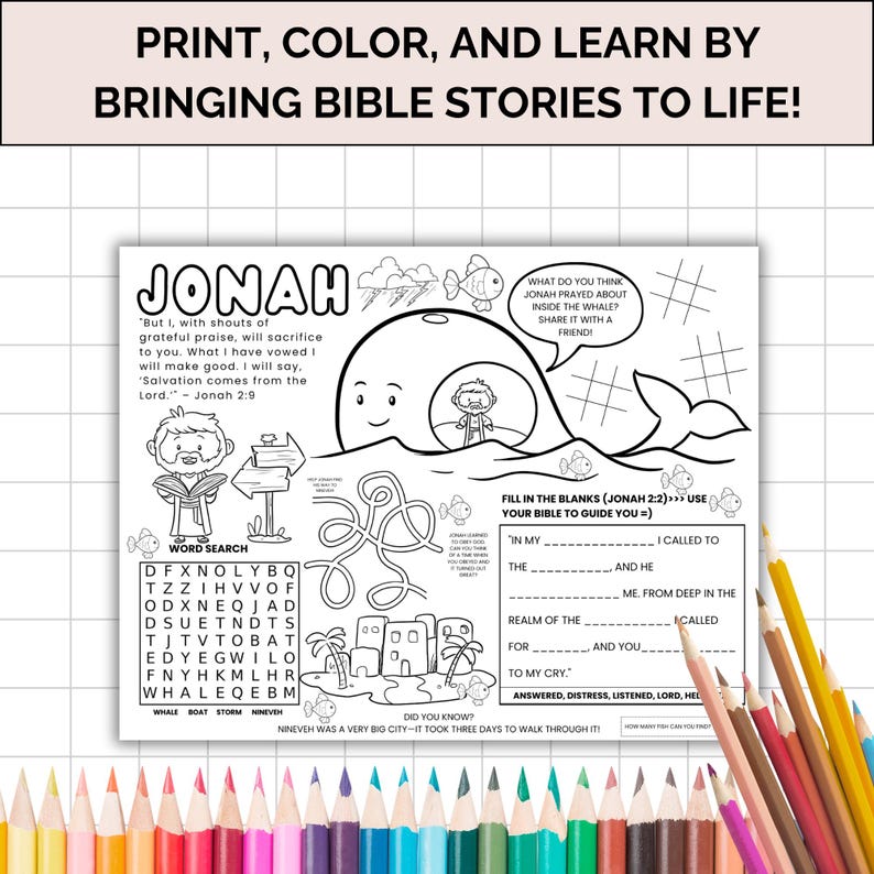 Jonah and the Whale Activity Placemat, Bible Story Coloring Activity ...