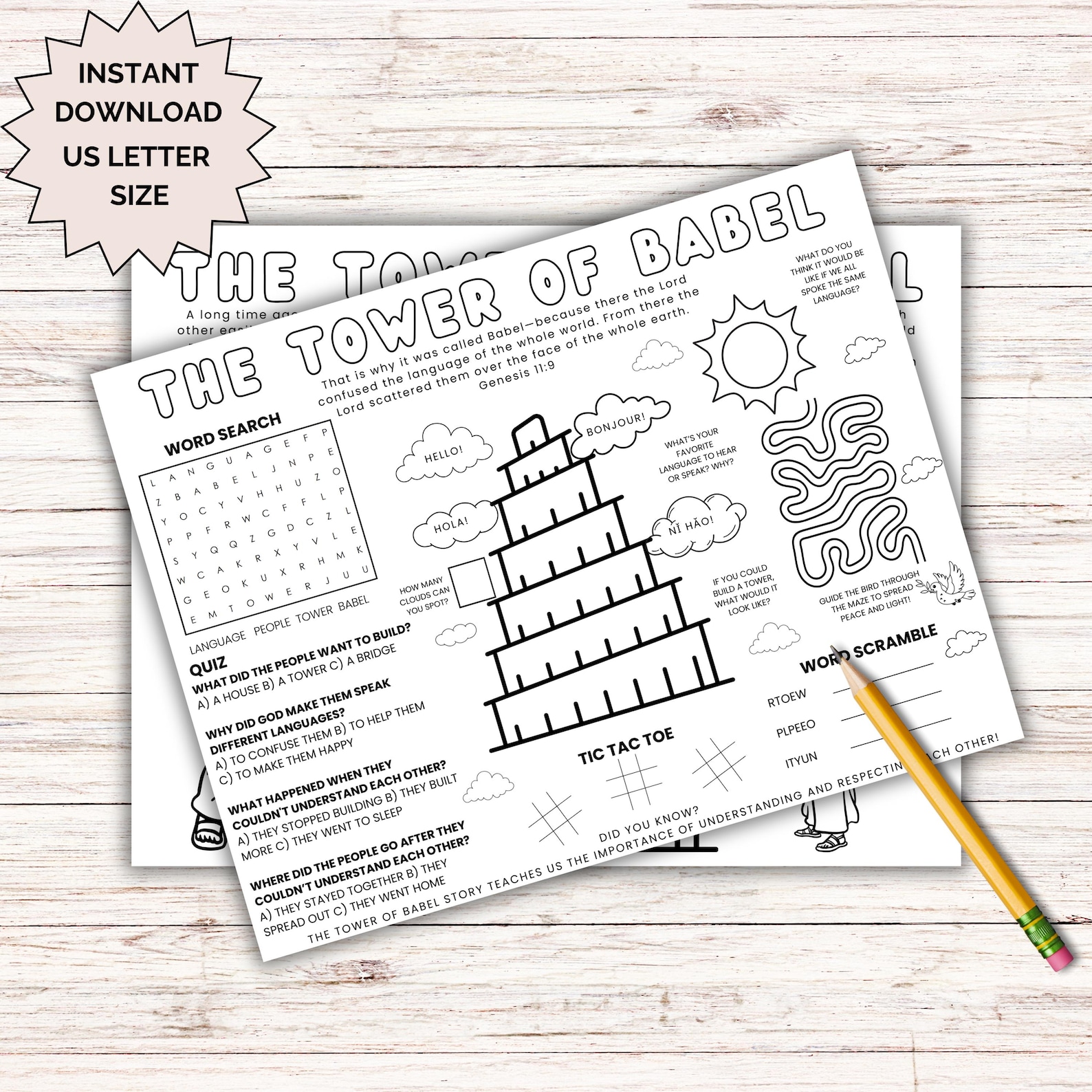 The Tower of Babel Printable Placemat Activity, Old Testament Sunday ...