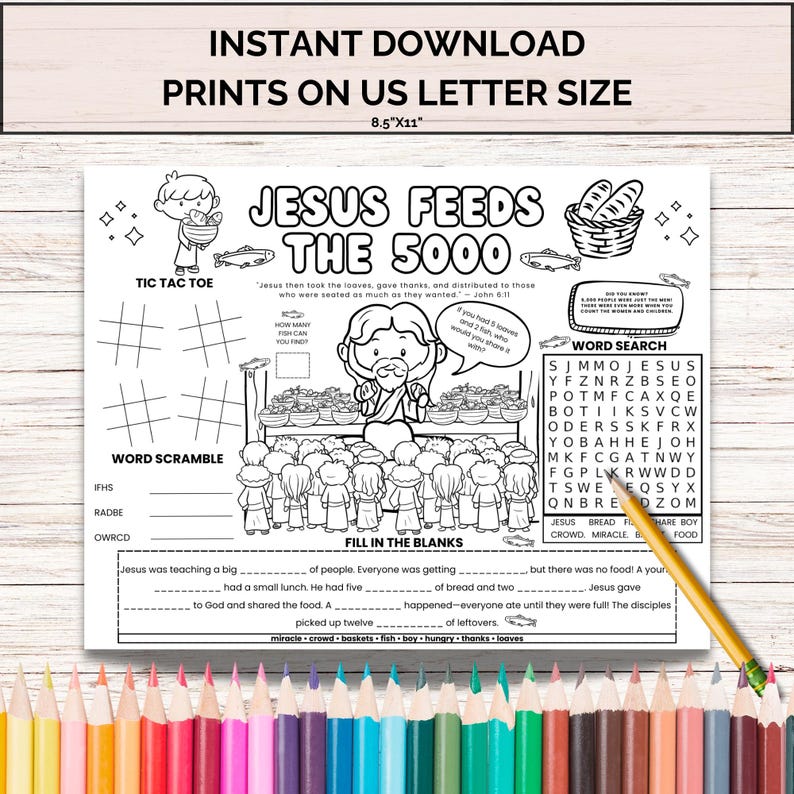 Jesus Feeds 5000 Activity Placemat, Bible Story Coloring Page, Sunday ...