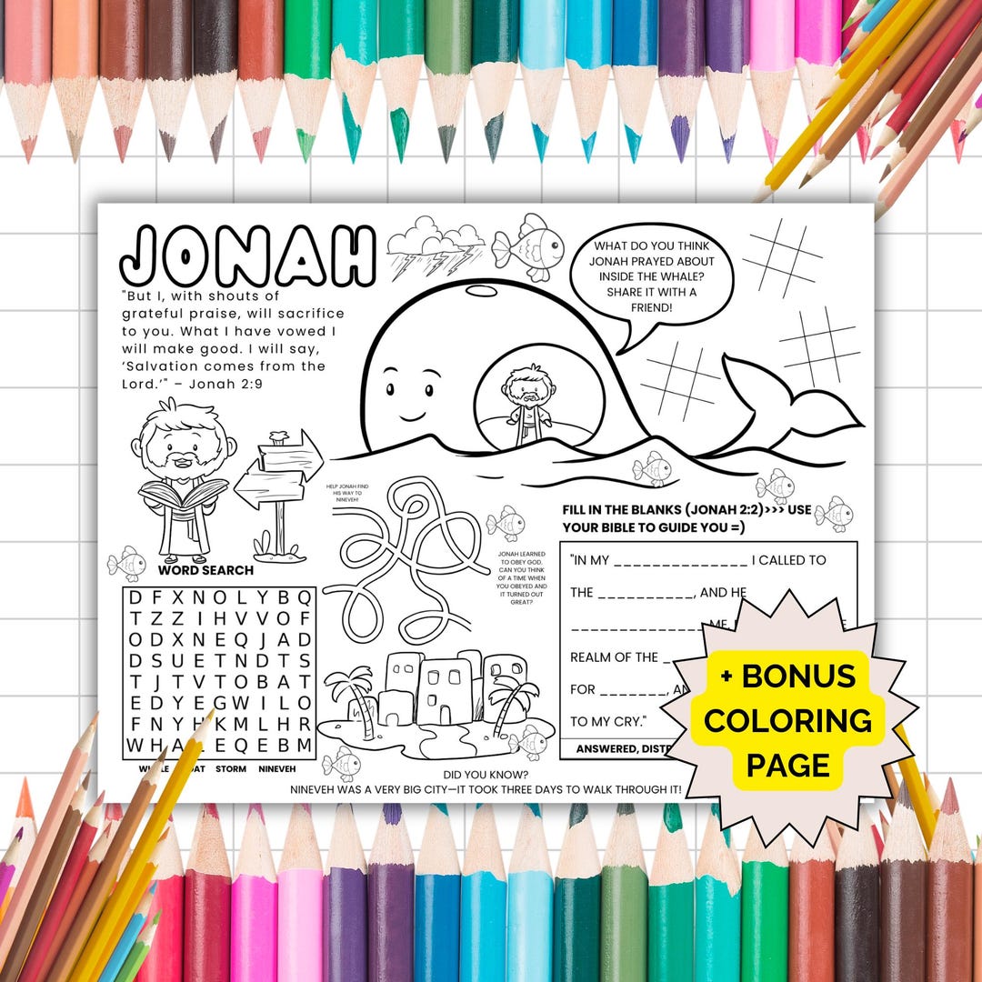 Jonah and the Whale Activity Placemat, Bible Story Coloring Activity ...