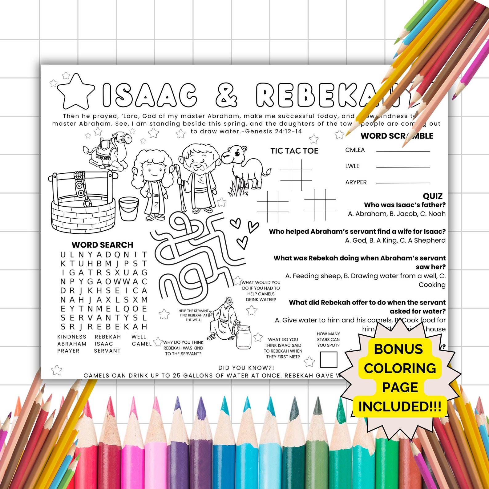 Isaac and Rebekah Printable Placemat, Bible Activity Placemat, Sunday ...
