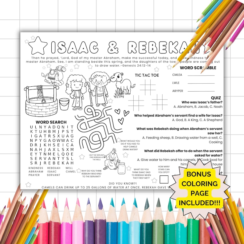 Isaac and Rebekah Printable Placemat, Bible Activity Placemat, Sunday ...