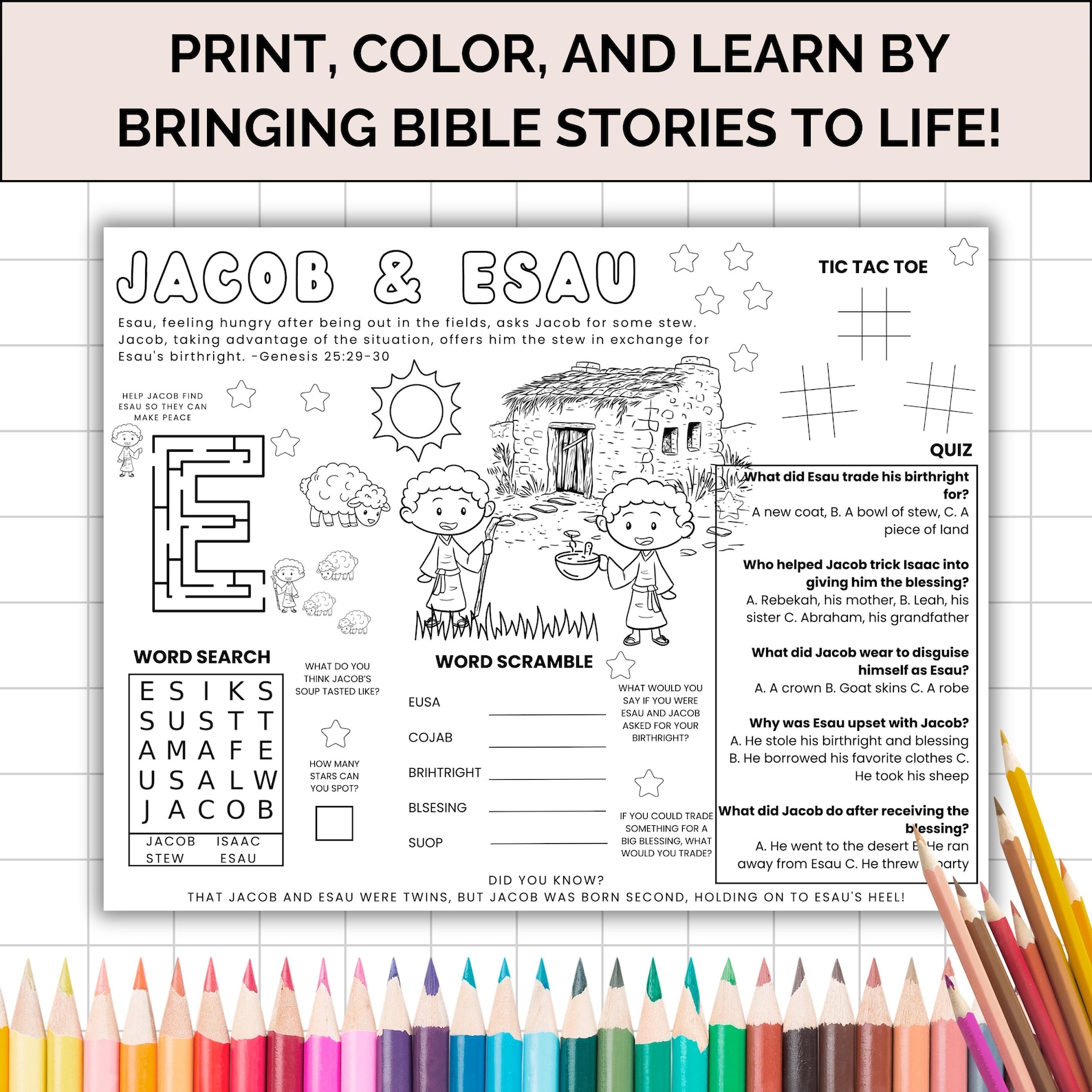 Jacob and Esau Printable Placemat Activity, Old Testament Coloring Page ...