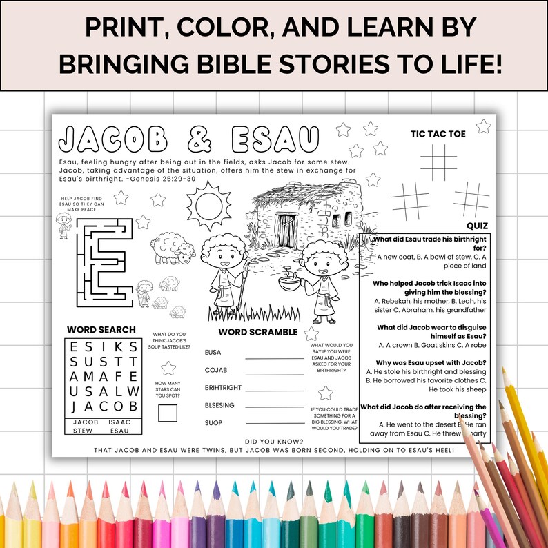 Jacob and Esau Printable Placemat Activity, Old Testament Coloring Page ...
