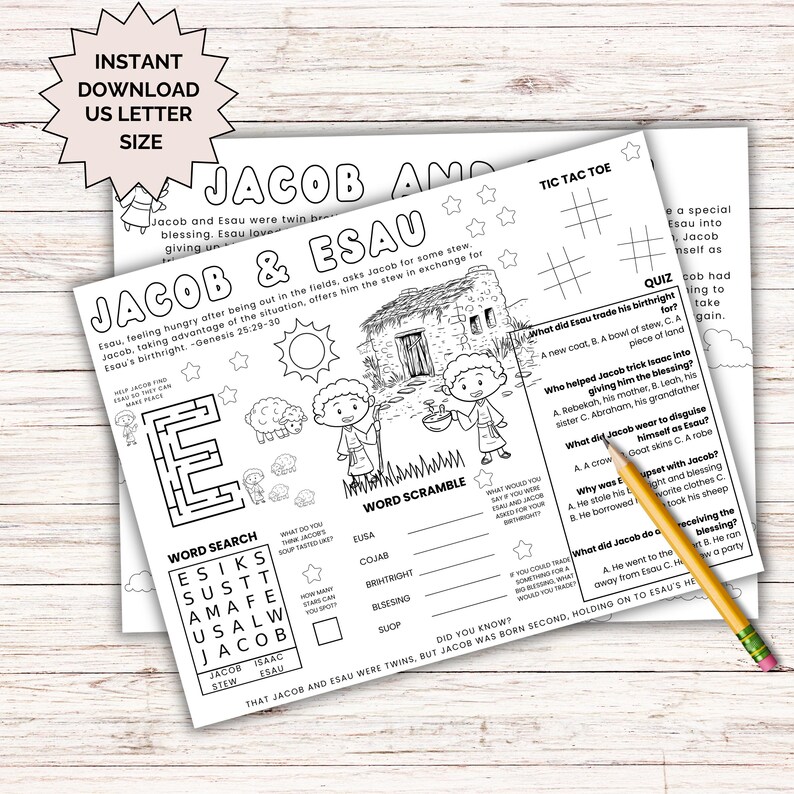 Jacob and Esau Printable Placemat Activity, Old Testament Coloring Page ...