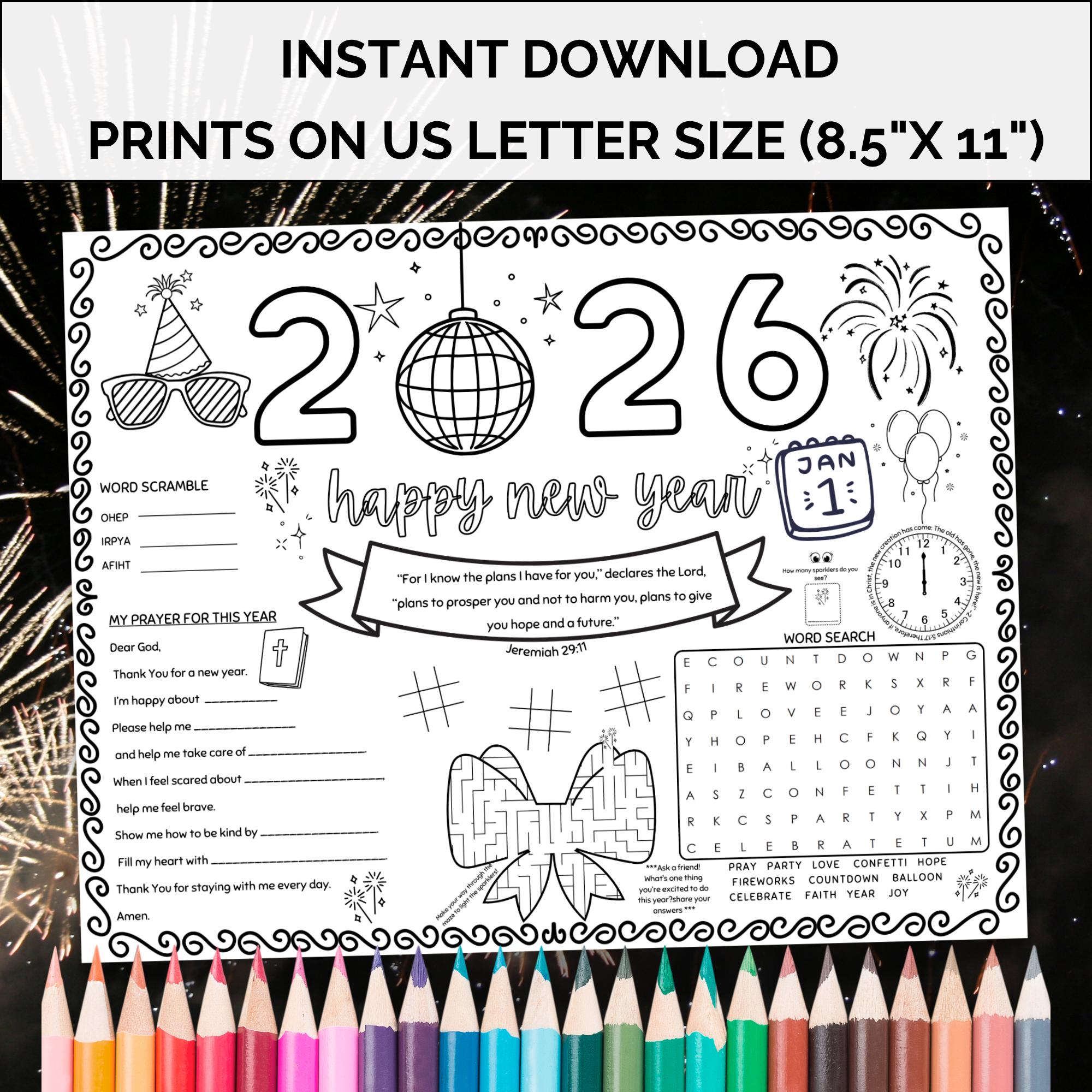 New Year Activity Placemat 2026, Kids New Years Eve Activity, Christian ...